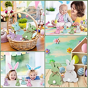 5 Pcs Easter Bunny Wooden Signs Bunny Decor Easter Tabletop Decor Rabbit Shape Table Sign with Jute Rope and Hairball Tail Freestanding Easter Table Decorations for Party (Purple, Pink, Blue, Green)