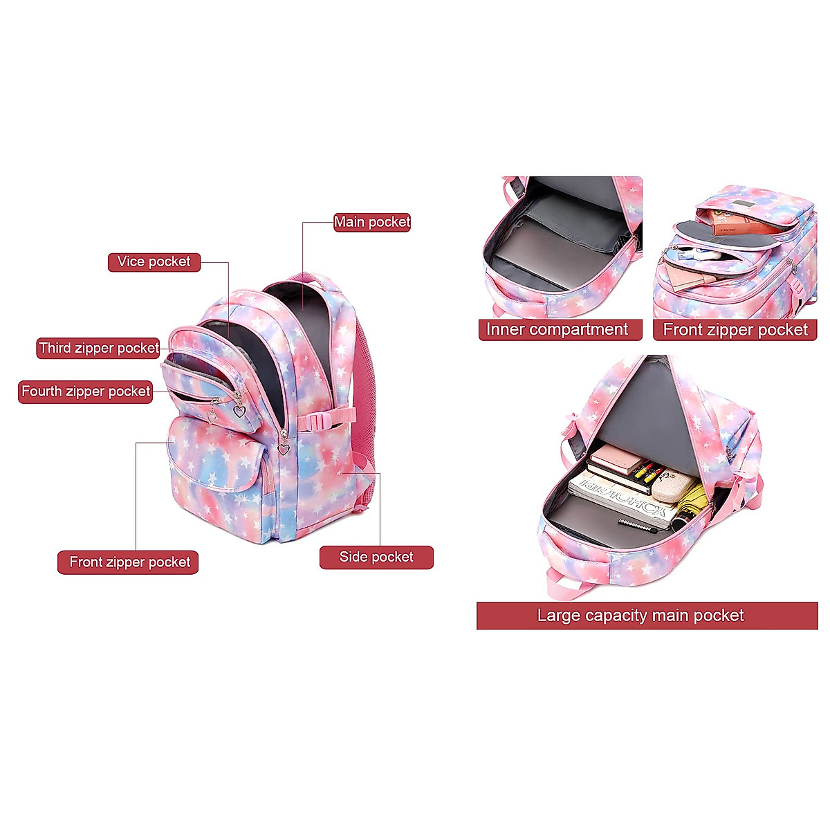 JiaYou School Backpack Sets 3pcs Stars Prints Daypack For Teens Girls Primary School Students(Blue Stars,22 Liters)