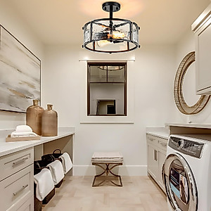 TinHon Black Semi Flush Mount Ceiling Light,12.8" Modern Small Drum Close to Ceiling Light Fixture,Easy to Install 2-Light Lightweight Glass Ceiling Lights for Dining Room,Living Room,Kitchen