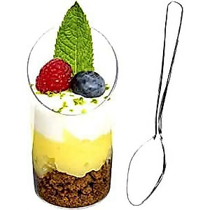 DLux 32 x 2.5 oz Mini Dessert Cups with Spoons, Slanted Round - Clear Plastic Parfait Appetizer Cup - Small Reusable Serving Bowl for Tasting Party Desserts Appetizers - With Recipe Ebook