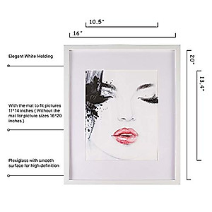 elabo 16x20 White Picture Frame (2 Pack) - High Definition Plexiglass Display Pictures 11x14 with Mat or 16x20 Without Mat - Vertical or Horizontal Wall Mounting