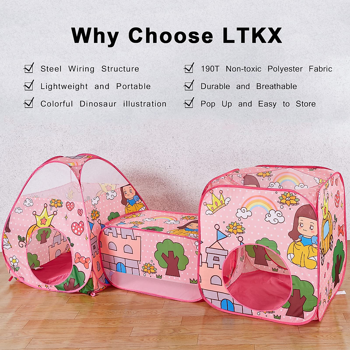LTKX 3pc Kids Play Tent for Girls, Crawl Tunnel, Princess Tents for Toddlers, Indoor/Outdoor Pop Up Playhouse for Baby, Pink