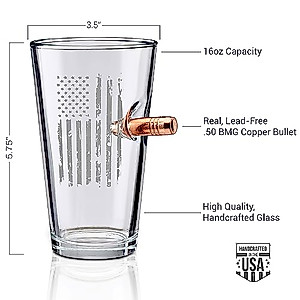 BenShot US Flag Pint Glass with Real 0.50BMG Bullet - 16oz | Made in the USA