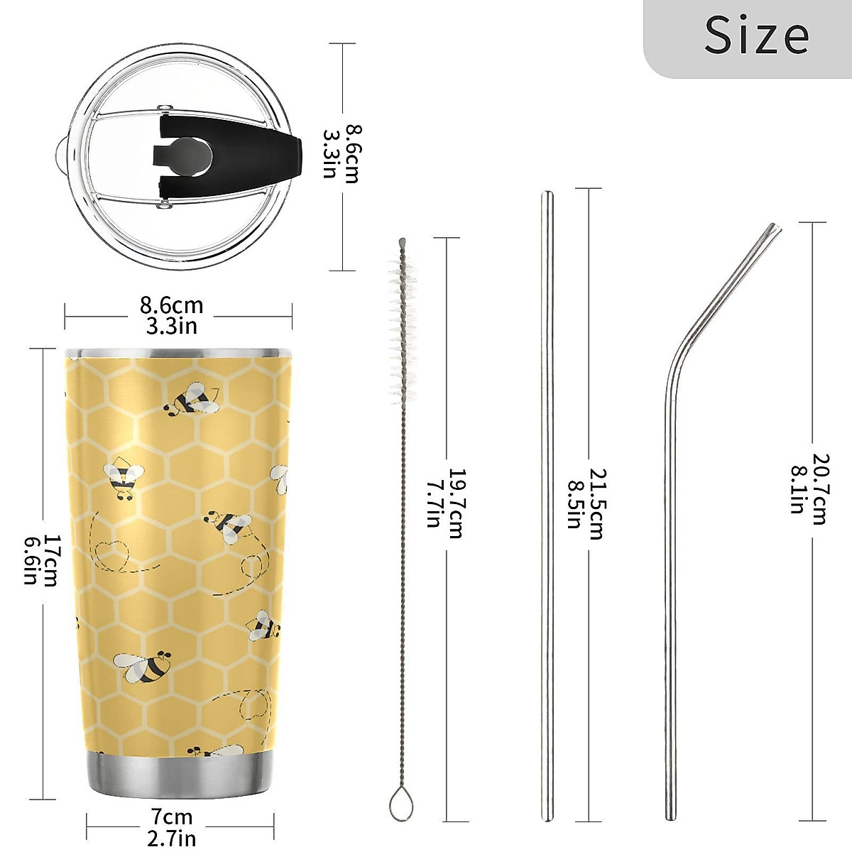foixnub Bees on The Honey 20oz Tumbler Honeycombs Insulated Coffee Cup Wine Tumbler Stainless Steel Reusable Water Bottle Double Walled Travel Mug Thermal Cup for Hot Cold Drinks