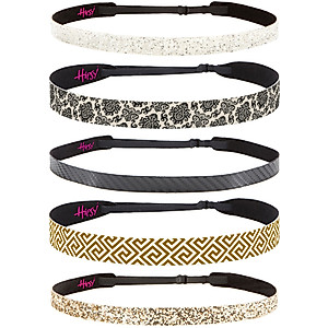 Hipsy Women's Adjustable No Slip Bling Glitter & Greek Key Fashion Headband 5-pack (White & Gold Multi 5pk)