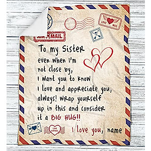 Personalized Air Mail Letter to My Sister Throw Blanket, Gift to My Big Sister from Little Brother,Customized Name,Gift to My Sister Blanket from Brother,Custom Blanket for Birthday, Christmas