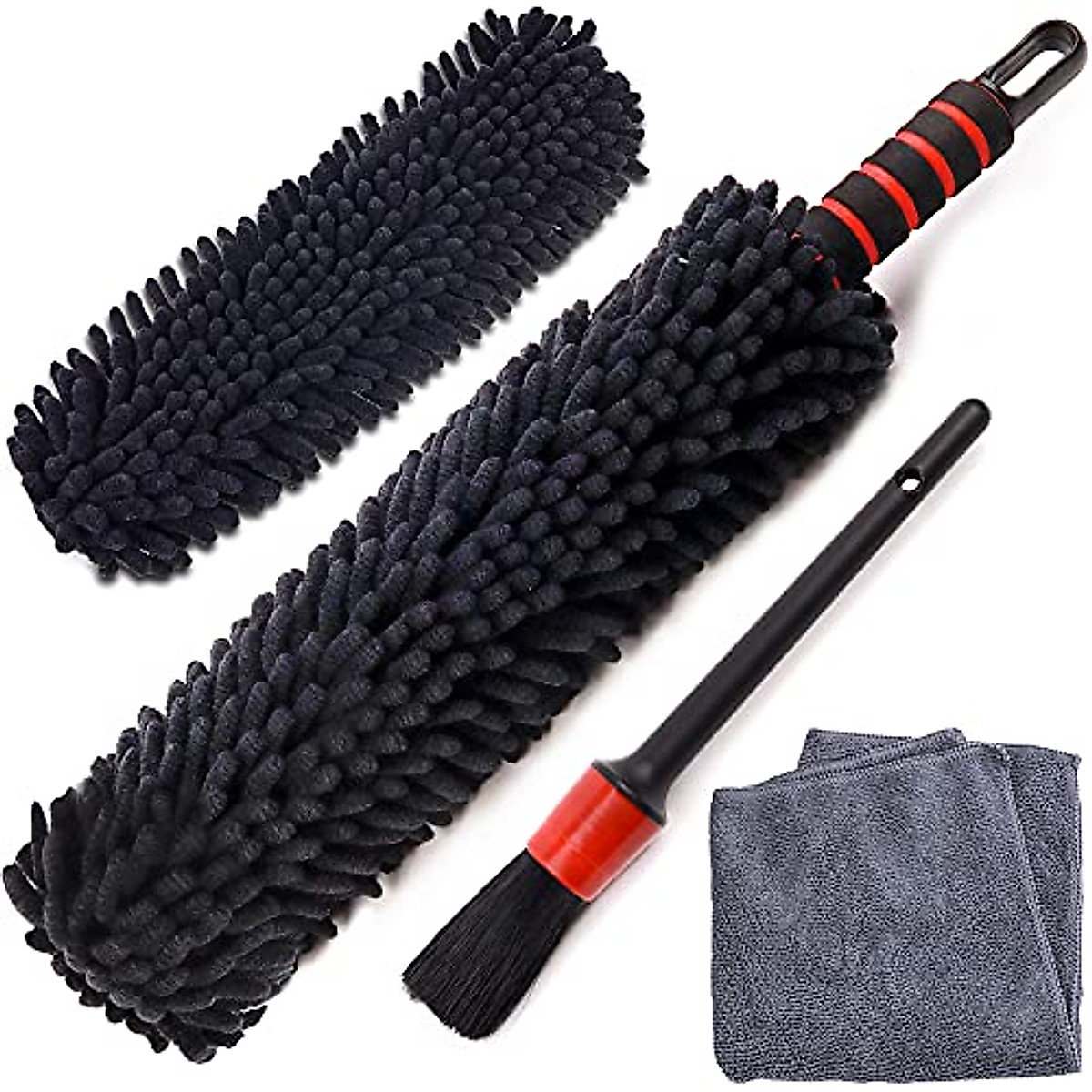 TAKAVU Microfiber Wheel & Rim Brush with 2 Replaceable Covers Multipurpose Auto & Car Detailing Tool, Bendable Soft Chenille Microfiber Wheel Detailer, Interior Duster (Microfiber)