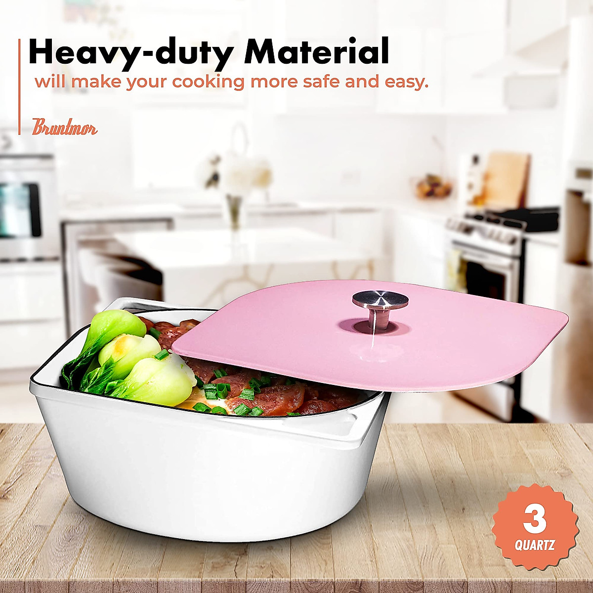 Bruntmor 3 Quart Cast Iron Enameled Dutch Oven - Modern Squoval Design - Nonstick Seasoned Pot with Stainless Steel Knob - Ideal for Christmas/Thanksgiving Dinner - White with Pink Lid