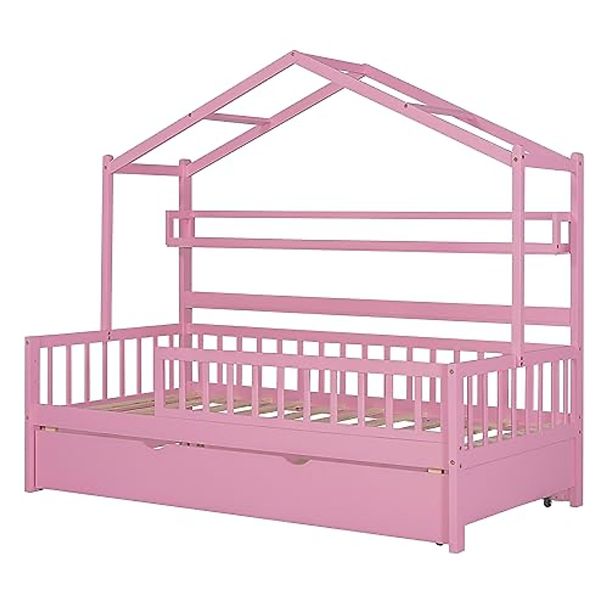 Twin Size House Bed for Kids, Wooden Floor Bed Frame with Trundle & House Roof Frame, Kids Bed Twin with Shelf, Guardrails & Slat Support, Box Spring Needed (Pink)