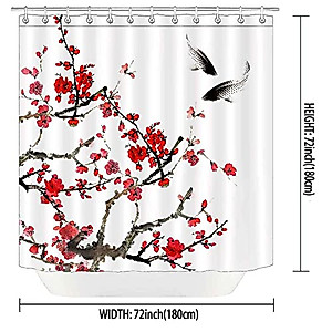Dia Magico 4PCS Cherry Blossom Shower Curtain Set, Japanese Sakura Plum Blossom Red Flower Floral Branch Carp Koi Fish Asian Bathroom Decor, Waterproof Fabric White Shower Curtain, Non-Slip Bath Mat