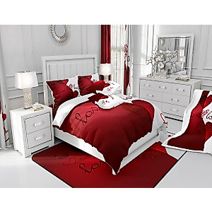 jejeloiu White Red Bedding Set Queen Size Couple Love Hearts Comforter Cover Set for Girls Women Lover Romantic Floral Flower Duvet Cover Valentine's Day Bedspread Cover Room Decor