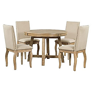 Mojay 5-Piece Dining Table Set with Wood Round Oval Dining Room Extension Table and 4 Upholstered Chairs, Natural Wood Wash Finish, Perfect for Dining Room