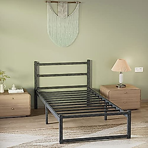 Noillats Twin Size Bed Frame, Heavy Duty Metal Platform Bed Frame with Headboard, 10" Under Bed Storage Space, No Box Spring Needed, Gray Black.