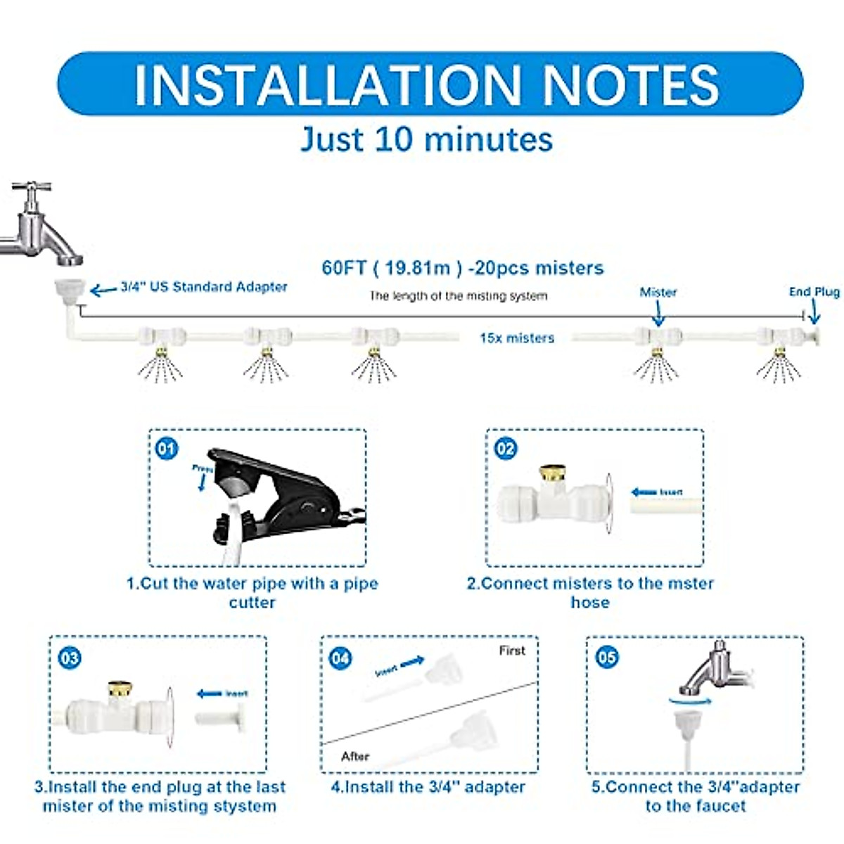 Mister System for Outside patio 65Ft (20M), Outdoor Misting System, Patio Misters for Cooling, Backyard Water Mister Kit for Waterpark, Garden, Greenhouse, Canopy, Porch, Umbrella, Gazebo, Trampoline