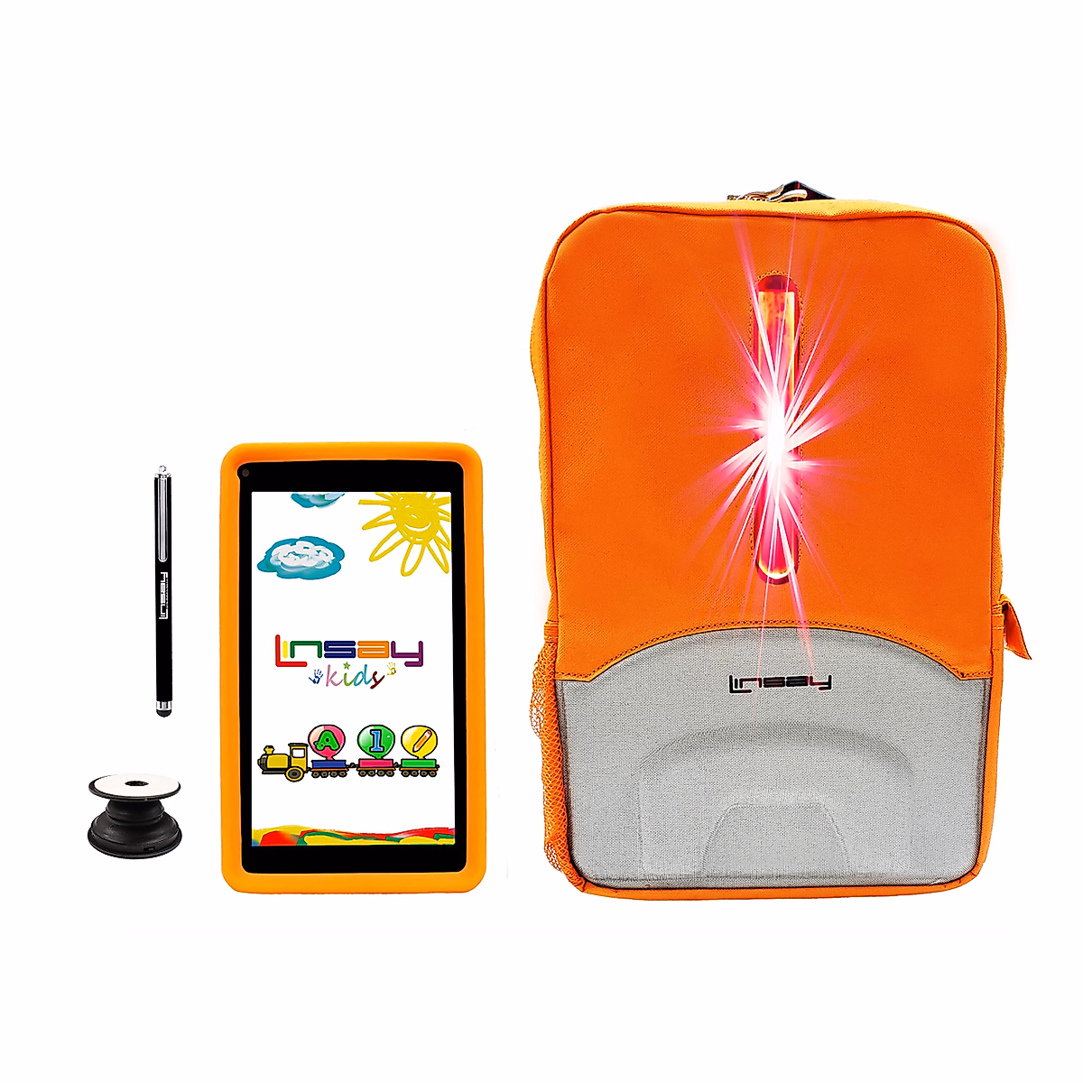 LINSAY 7" 2GB RAM 32GB Storage Android 12 Tablet with Orange Kids Defender Case, LED Backpack, Pop Holder and Pen Stylus