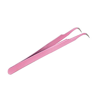 Gaweb Tweezers, Stainless Steel False Eyelashes Home Tool Bend Straight Lashes Applicator Clip - Pink Bend