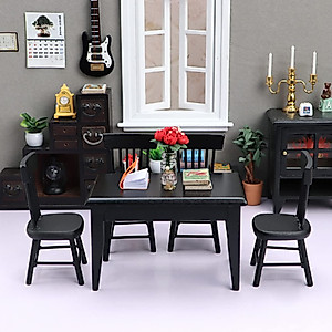 Black Chairs 5Pcs Miniature Table and Chairs, Mini Dining Table Set for 4, Doll House Black Wooden Table Chairs Miniature Furniture and Accessories Furniture