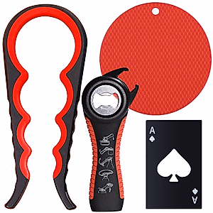 Jar Opener, Bottle Opener Kits for Weak Hands, 4&5-in-1 Multi Function Can Opener Non-Slip, Rubber Jar Gripper Pad, Ace Of Spades Card Bottle Opener, for Children, Elderly, Arthritis Hands