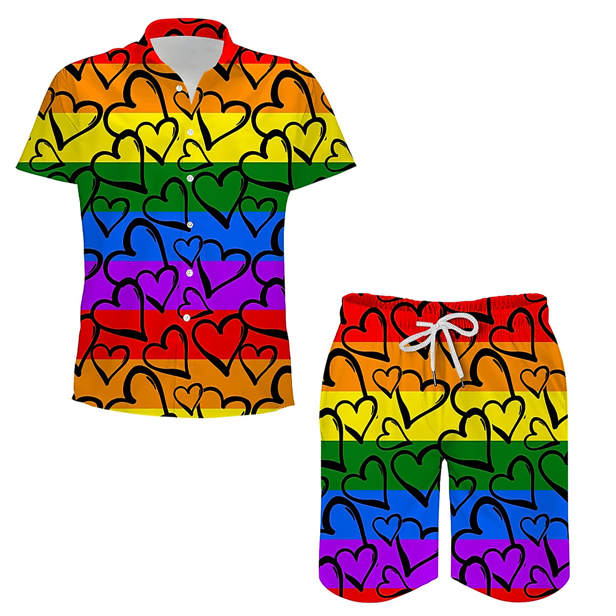 Men's 2 Piece Set Rainbow Gay Shirts and Shorts 3D Printed Rainbow Heart Outfits Elastic Waist Shorts with Drawstring