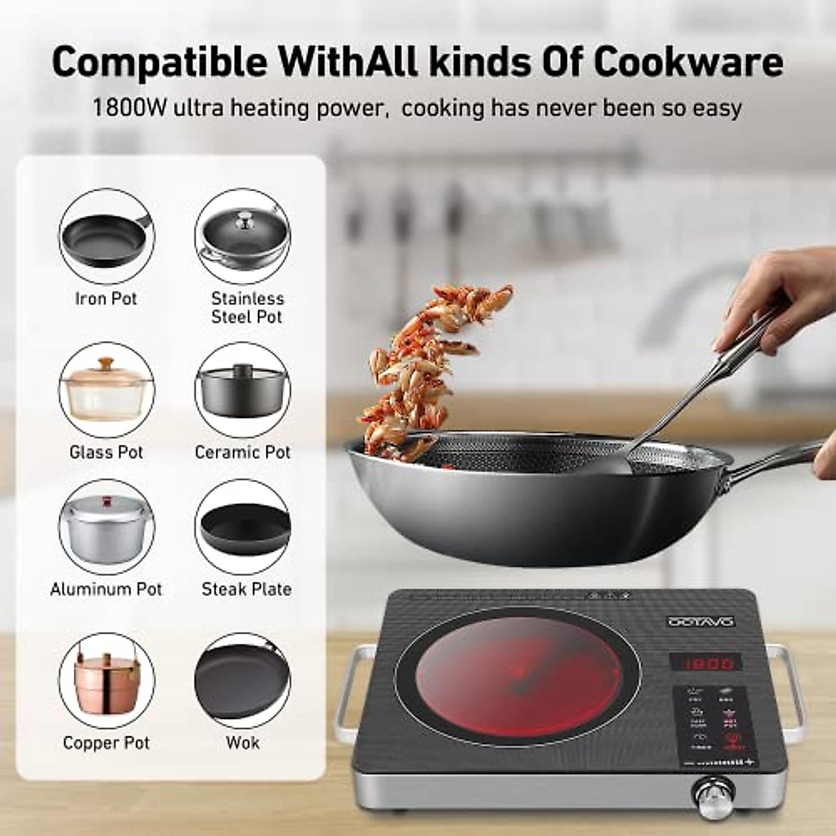 OCTAVO 1800W Portable Ceramic Countertop Infrared Burner with 4 Hours Timer, Touch Control Panel Adjustable Heating Power