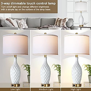 Vpazg White Table Lamp Set of 2, 3-Way Dimmable Touch Control Gold Bedside Lamps with USB Ports, 27inch Modern Ceramic Nightstand Lamp for Bedroom Living Room, Linen Shade (LED Bulb Included)