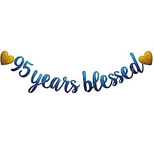 95 Years Blessed Banner, Pre-Strung, Blue Glitter Paper Garlands for 95th Birthday / Wedding Anniversary Party Decorations Supplies, No Amssembly Required,Blue SUNbetterland