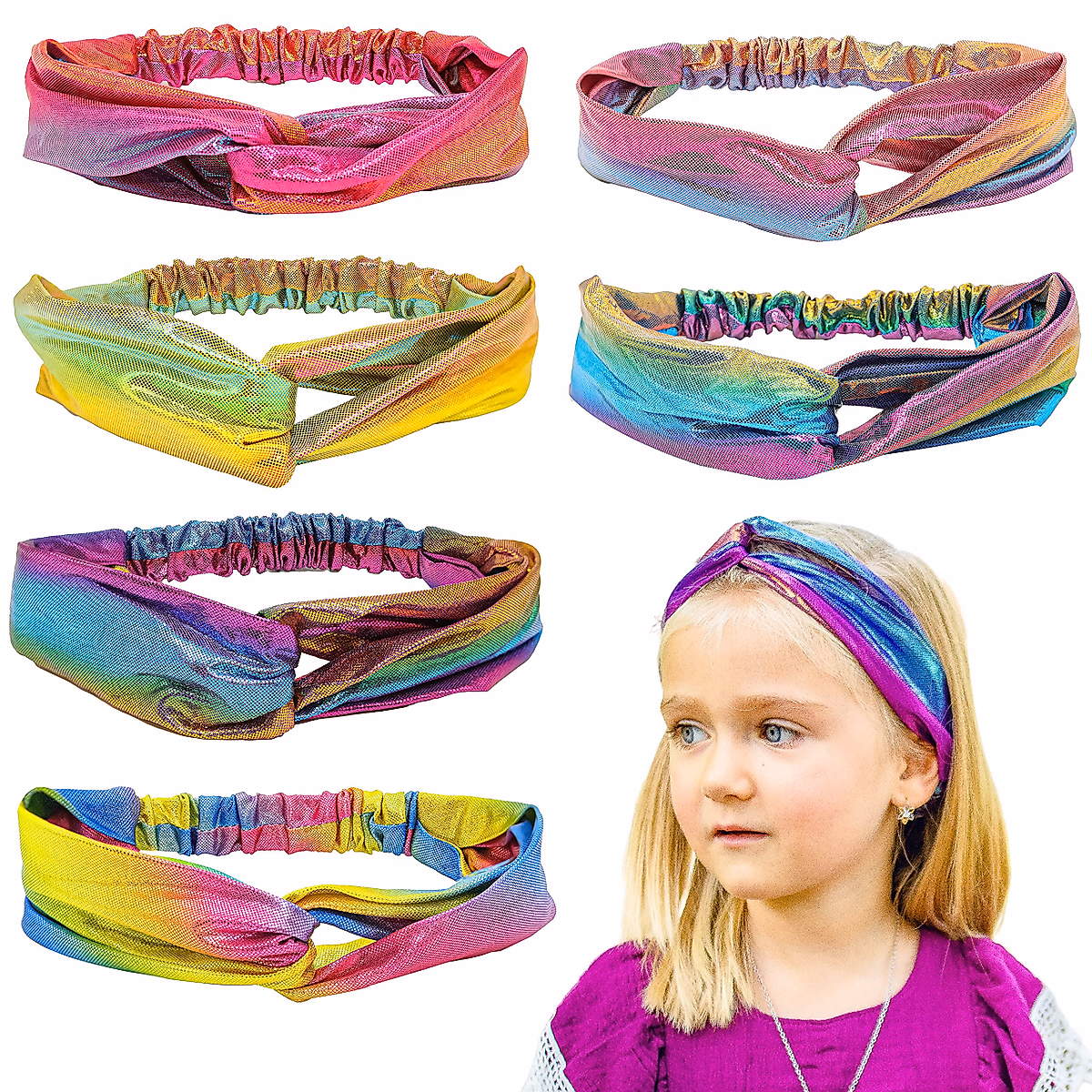 FROG SAC 6 Mermaid Knotted Headbands For Girls, Little Girl Hair Accessories, Kids Knot Headwraps, Criss Cross Tie Dye Head Bands, Metallic Rainbow Turban Hair Bands
