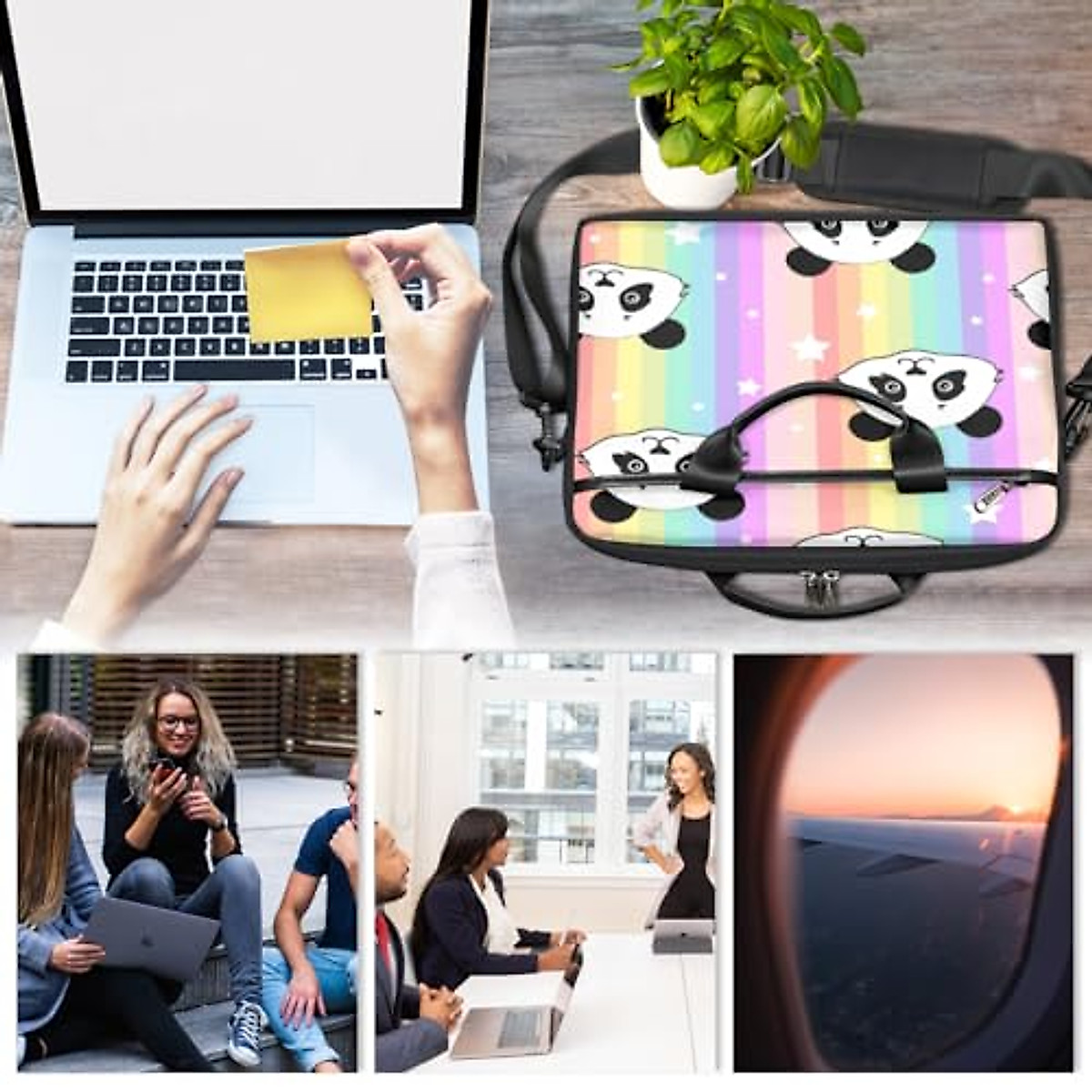 Cute Panda Rainbow Laptop Computer Bag Waterproof Shoulder Messenger Bag 13-15 inch Durable Laptop Tote Bag with Shoulder Strap Handle Lightweight Crossbody Briefcase