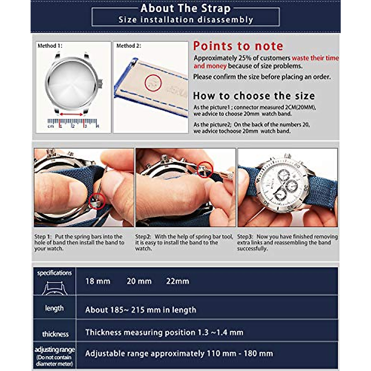 BINLUN Elastic Fabric Nylon Watch Band Waterproof Military Replacement Watch Strap Hook-and-Loop for Men Women Silver & Black Buckle 18/20/22mm