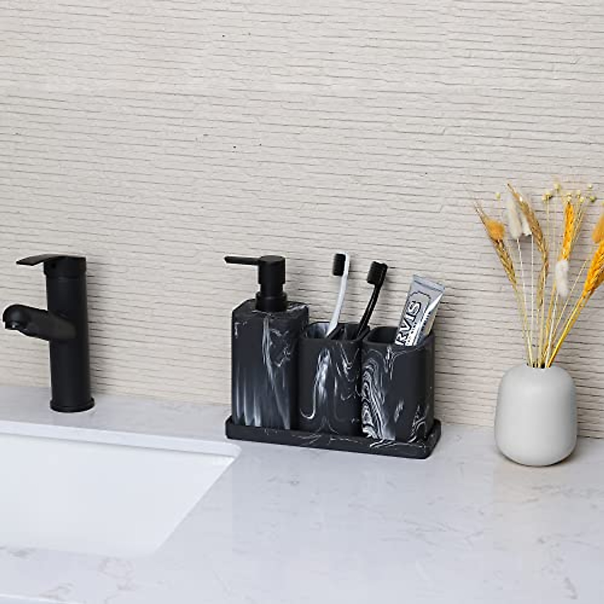 zccz Bathroom Accessory Sets - Marble Design 4 Piece Bathroom Accessories Complete Set - Soap Dispenser, Toothbrush Holder, Bathroom Tray, Bathroom Tumbler - Vanity Countertop Organizer, Black