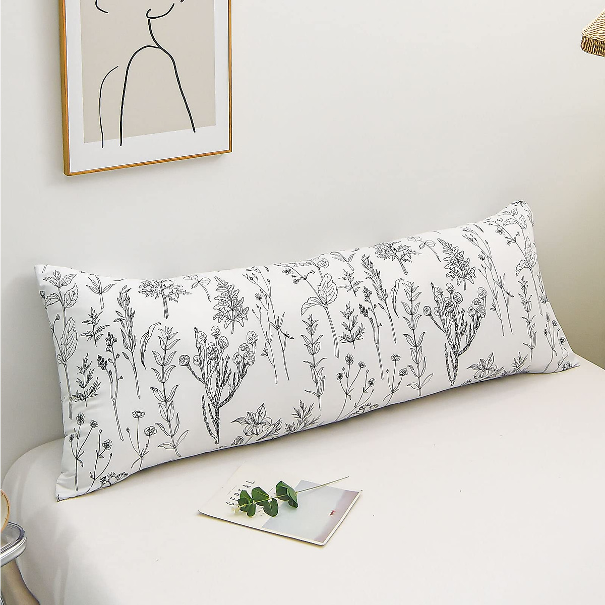 White Flowers Body Pillow Cover 20x54 inches Black Sketch Flowers Printed Country Style Decor Botanical Body Pillow Case Cover with Pocket Closure(Body,Black Flower)