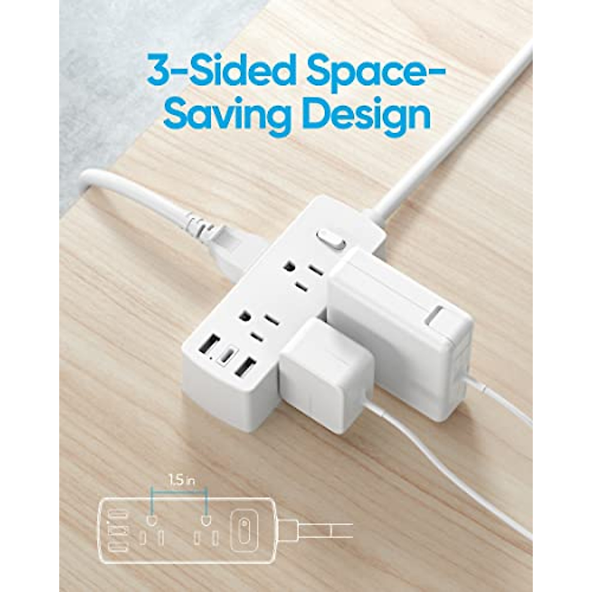 Cruise Essentials, Power Strip with USB C, No Surge Protector, 6 Outlets 3 USB Ports with 5ft Extension Cord Flat Plug, Cruise Accessories Must Have