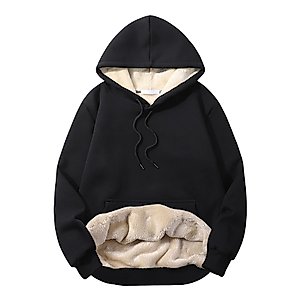 Flygo Men's Casual Fleece Sherpa Lined Hoodie Winter Warm Pullover Hooded Sweatshirt(Black-XL)