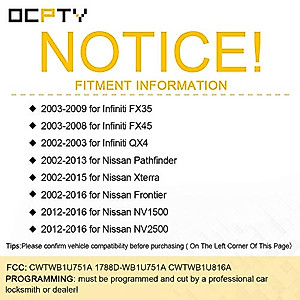 OCPTY CWTWB1U751A 2X Flip Key Entry Remote Control Entry Remote key Fob Transponder Ignition Key 2003-2016 for Infiniti FX35 FX45 QX4 for Nissan Armada Cube Frontier NV1500 Quest 1788D-WB1U751A