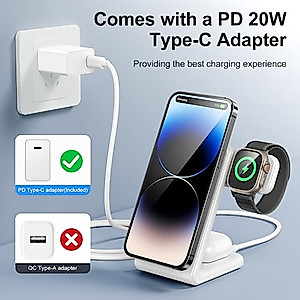 Houflody 3 in 1 Magnetic Wireless Charging Station, Wireless Charger for Magsafe with PD 20W Adapter for iPhone 15 14 13 12/Pro/Pro Max/Plus/Mini, Apple Watch Ultra/SE/9 to 2, AirPods 3/2/pro, White
