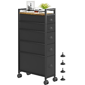 LASZOLA 5 Drawer Narrow Dresser Slim Cabinet Skinny Storage Tower Chest, Ideal for Small Spaces Bathroom Bedroom, Between Washer and Dryer, Lightweight Mobile on Wheels, Sturdy Fabric Drawers, Black