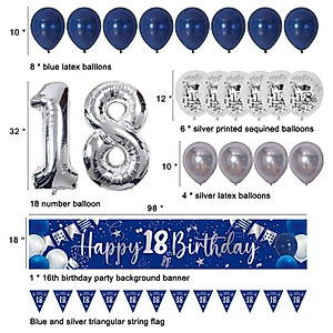 18th Birthday Decorations for Boys and Girls Blue, Happy 18th Birthday Backdrop Banner Balloons 18 Years Old Party Supplies with HAPPY BIRTHDAY Banner Silver 18 Birthday Decor 18th Bday Women Her Him