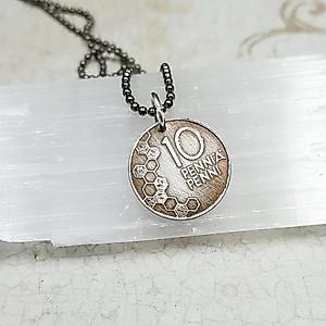 Tiny LILY of the VALLEY necklace. Finland coin necklace. Flower necklace. Finnish jewelry. Lily necklace. Honeycomb. Coin jewelry.