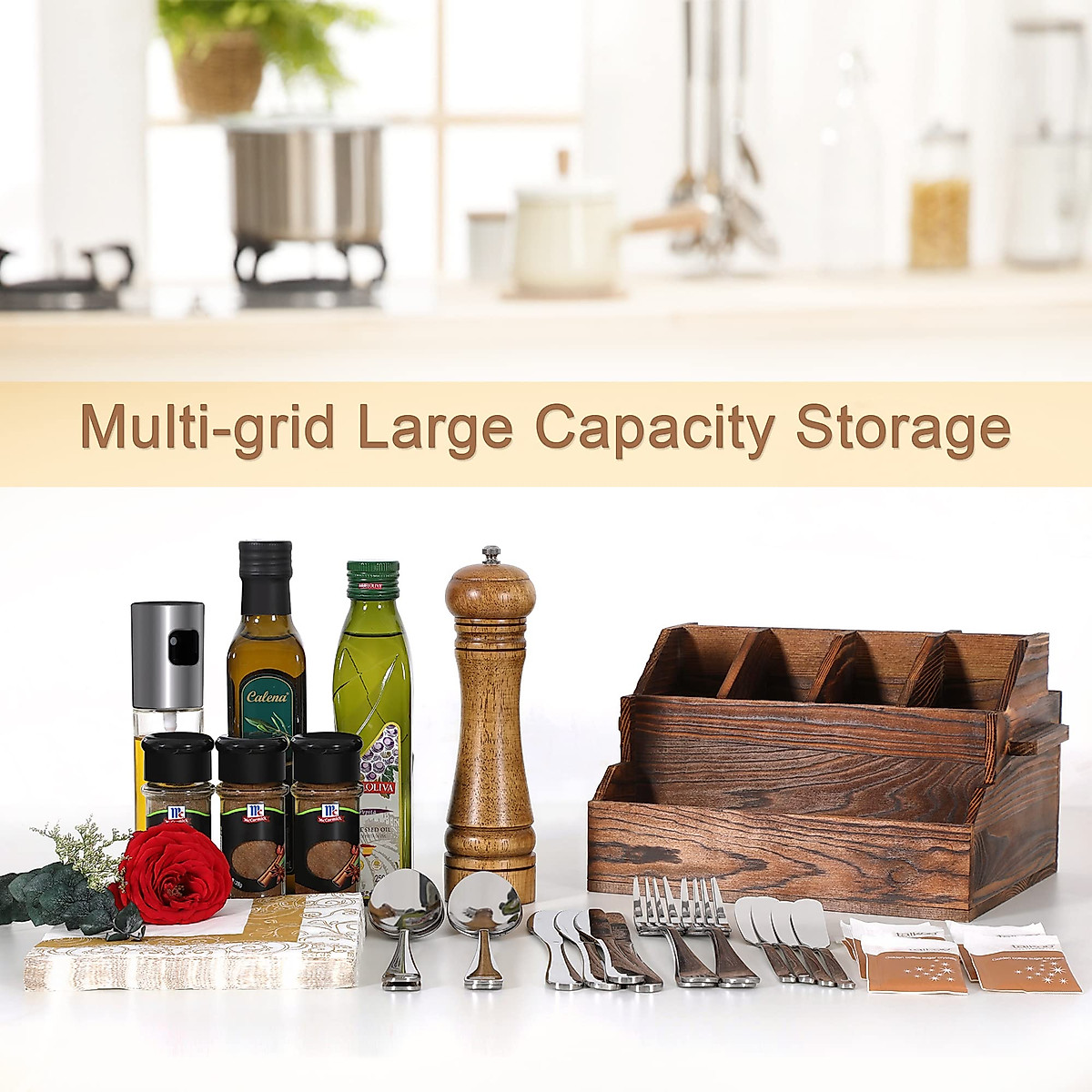 Innovation Silverware Caddy, Flatware Caddy, 7-Compartment Wooden Utensil Caddy Silverware with Handles for Spoons, Knives, Forks, Napkins, Vintage Brown