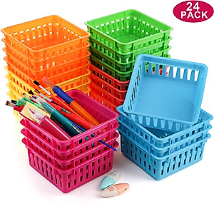DEAYOU 24 Pack Classroom Storage Baskets, Small Plastic Basket, Crayon Pencil Container Bin Holder for Drawer, Desk, Home, Office, 5.3" L x 5.3" W x 2.4" H
