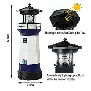 HSHD Lighthouse with Rotating Beacon LED Lights - Solar Lighthouse Lamp Outdoor Decorative for Garden Patio Well Cover Gifts(Blue2)