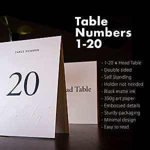 Siko Table Numbers 1-20 - Double Sided Wedding Table Numbers with Head Table Card & Embossed Details - 4x6 inches, Self-Standing Table Cards for Wedding Reception | Perfect for Special Occasion Events