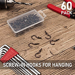 EIENHOSHI 7/8'' Rubbed Bronze Cup Hooks - Pack of 60, Screw-in Hooks for Hanging Stuff, Small Ceiling Hooks Great for Indoor-Outdoor Use