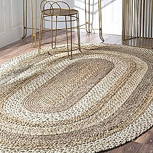 nuLOOM Charlene Braided Border Jute Area Rug, 5' x 8' Oval, Natural