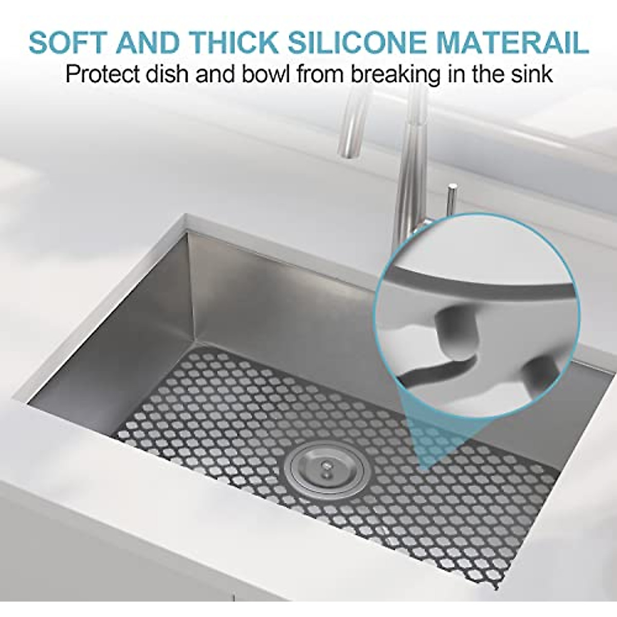 Silicone Sink Protectors for Kitchen - UFU Grey Silicone Sink Mat Grid Accessory with Center Drain, Kitchen Sink Protector（24.8"x 12.9"）