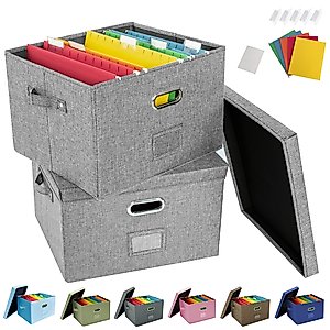 JSungo 2 Pack File Box with 10 Hanging Filing Folders, Document Organizer Storage with Lid, Collapsible Linen Hanging Filing Organization, Office Portable Storage with Handle, Grey