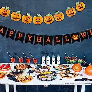 Black Happy Halloween Banner Bunting with Pumpkin Sign, Includes Orange Pumpkin Banner Garland, Perfect for Indoor Outdoor Halloween Party Decorations