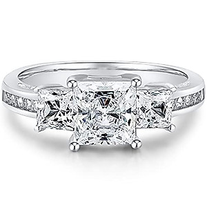 ZLAEBL 2 3/5 Carat (ctw) 3-Stone Princess Cut Moissanite engagement Rings for women Platinum Plated Silver moissanite rings (Available in size 4.5-11)