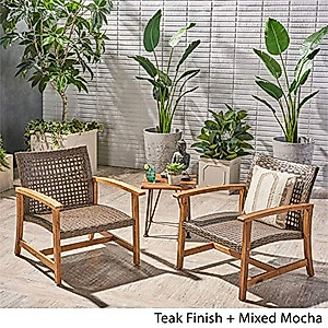 Great Deal Furniture Viola Outdoor Wood and Wicker Club Chairs (Set of 2), Teak Finish and Mixed Mocha