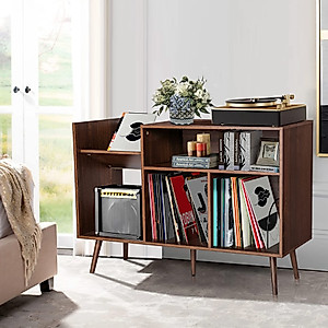 RARZOE Large Record Player Stand, Mid Century Concord Turntable Stand Table Holds Up to 350 Albums, Vinyl Record Storage Cabinet with Wood Legs for Living Room Office, Walnut Brown